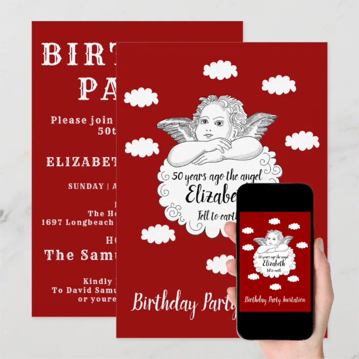 Christian Cloud Angel Happy 50th Birthday Red Invitation | Zazzle
