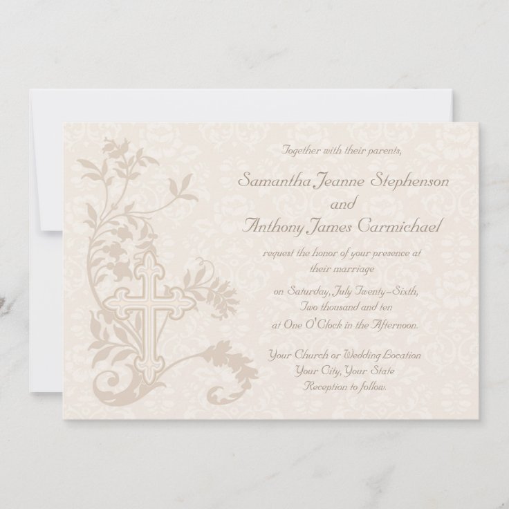 Christian Cross Flourish White Wedding Invitations | Zazzle
