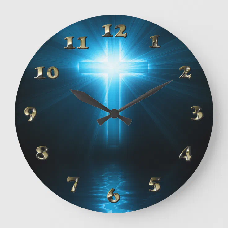 Christian Cross in Blue Light Large Clock | Zazzle