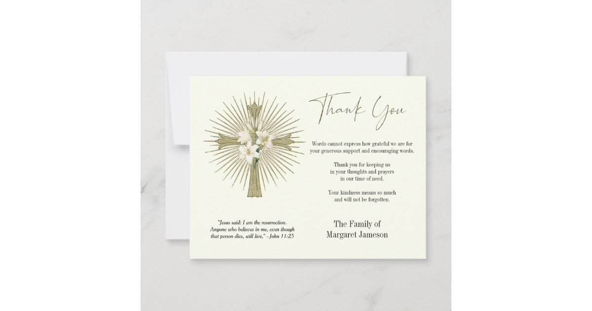 Christian Cross Lilies Funeral Condolence Sympathy Thank You Card | Zazzle
