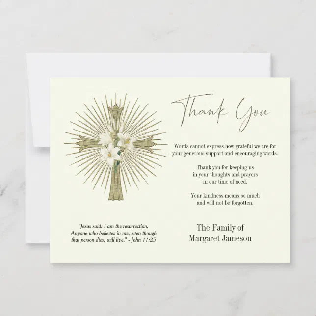 Christian Cross Lilies Funeral Condolence Sympathy Thank You Card | Zazzle