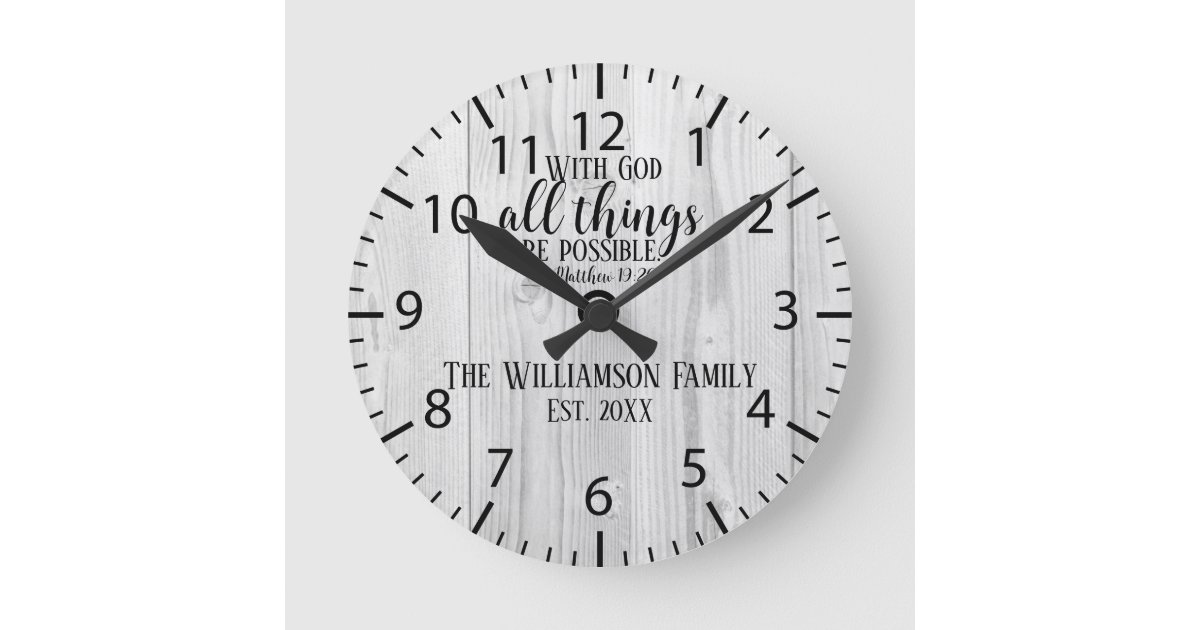 Christian Gift Rustic Wood Scripture Family Name Round Clock | Zazzle