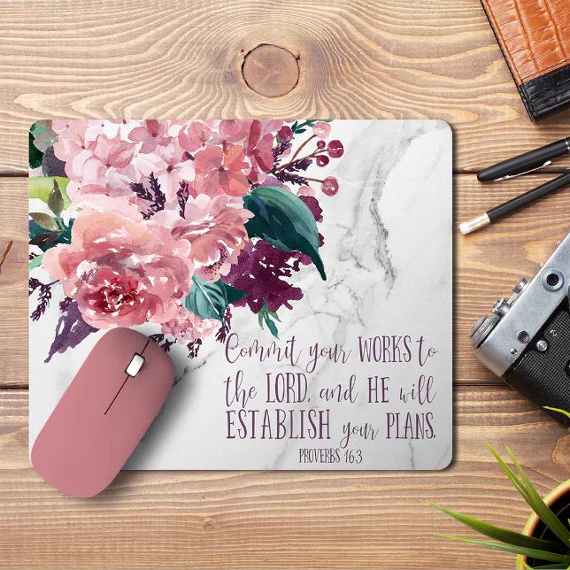 Christian Girly Vintage Floral Marble Bible Verse Mouse Pad | Zazzle