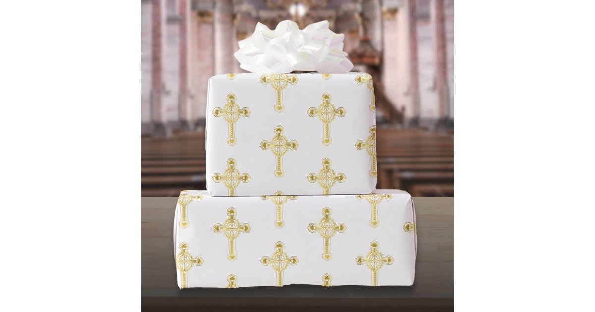 Christian Gold Cross Baptism Christening Communion Wrapping Paper | Zazzle