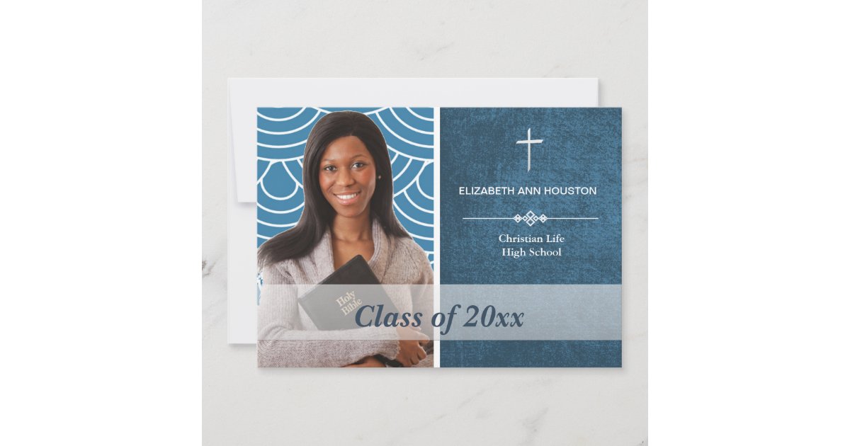 Christian Graduation Photo Announcement Blue | Zazzle