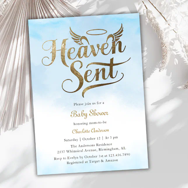 Christian Heaven Sent Blue Clouds Boy Baby Shower Invitation | Zazzle