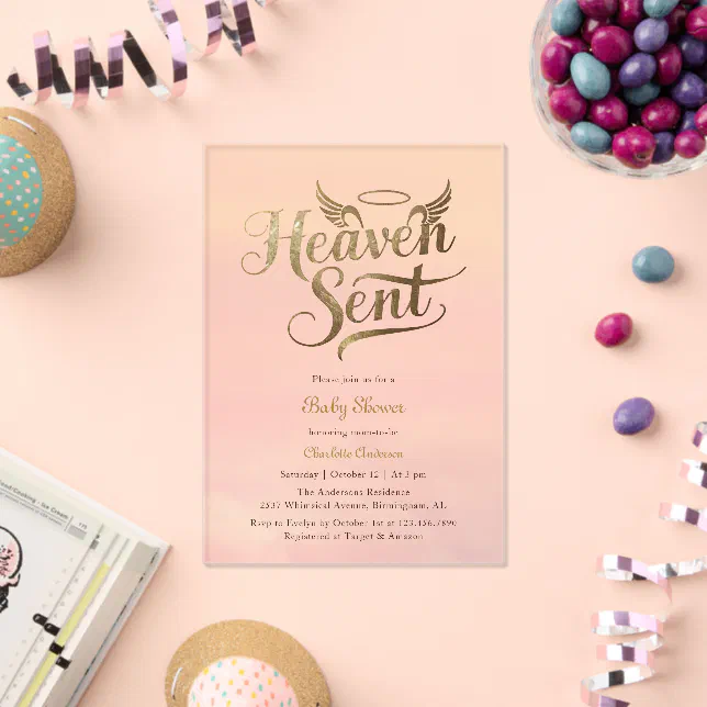 Christian Heaven Sent Pink Clouds Girl Baby Shower Acrylic Invitations ...