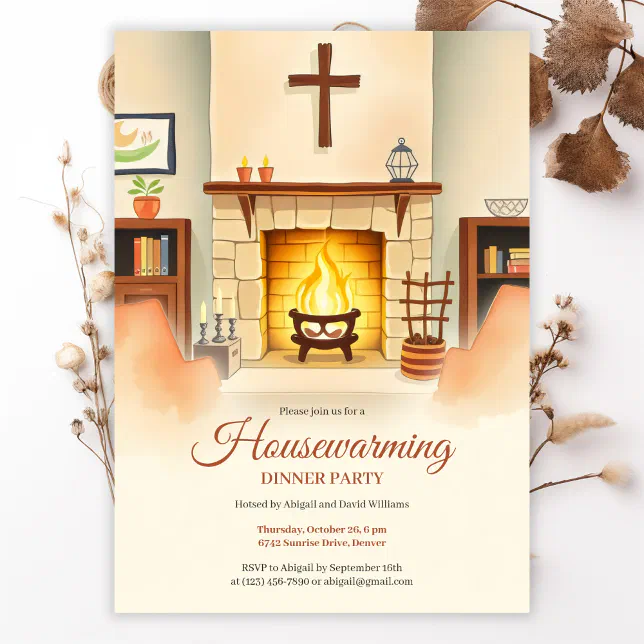 Christian Housewarming Cozy Fireplace Dinner Party Invitation | Zazzle