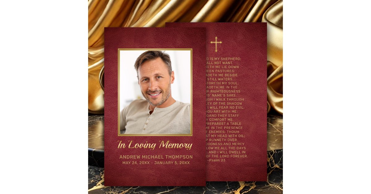 Christian Maroon Gold Photo Funeral Prayer Card | Zazzle