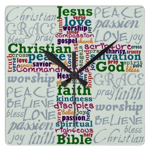 Christian Religious Word Art Cross Square Wall Clock | Zazzle