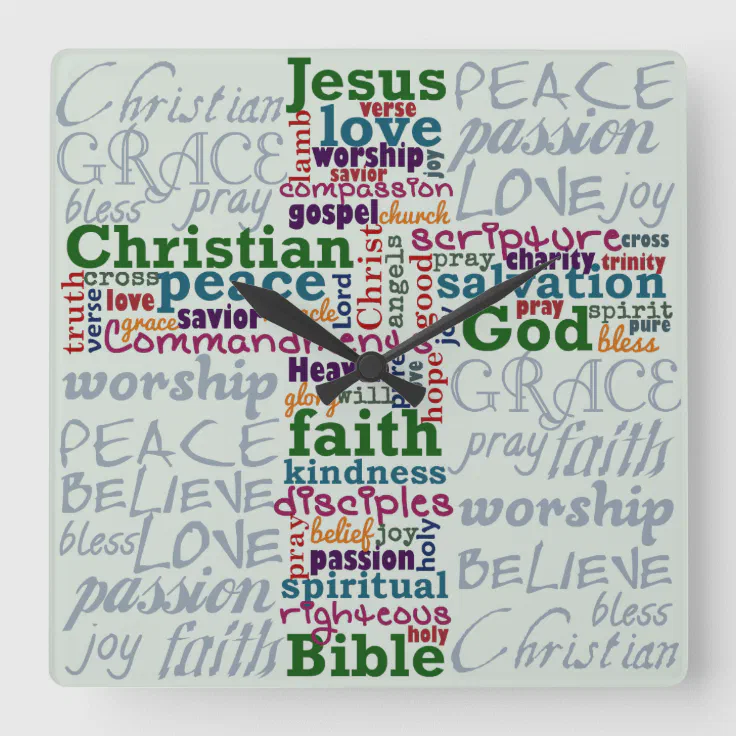 Christian Religious Word Art Cross Square Wall Clock | Zazzle