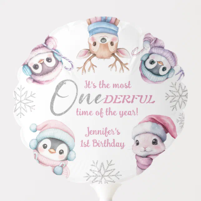 Christmas 1st Birthday Cute Pink Winter Animals Balloon | Zazzle