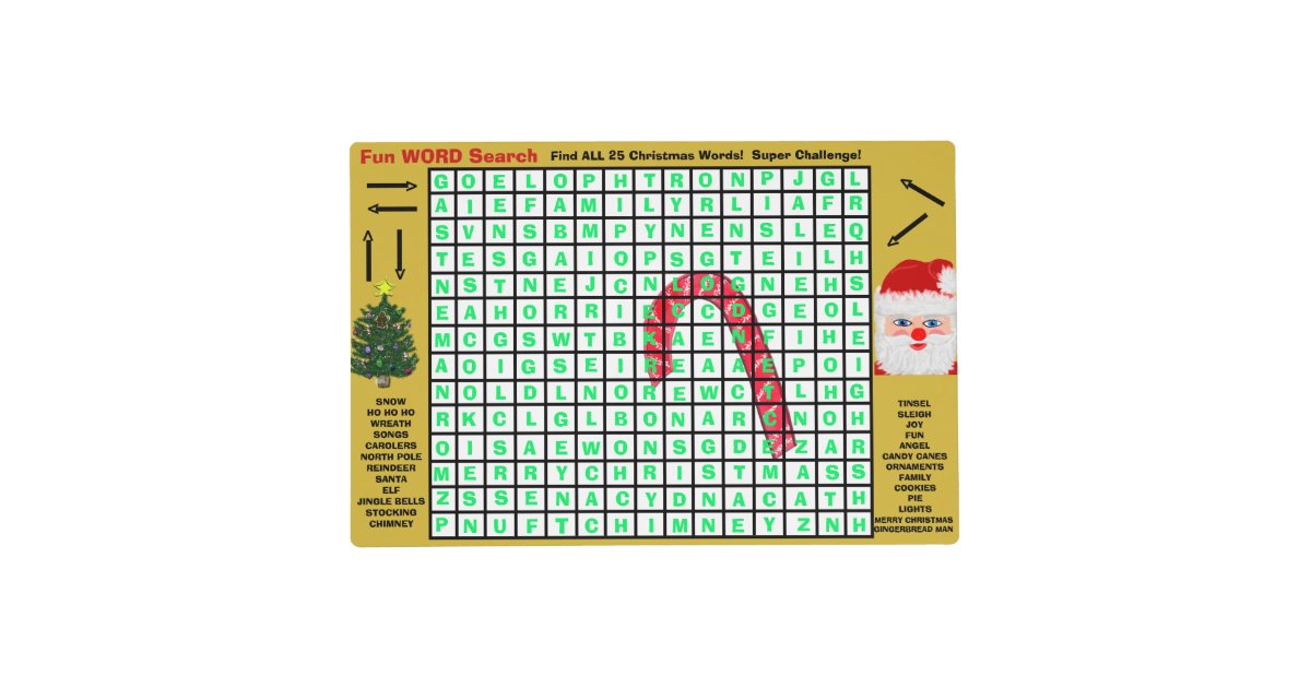 Christmas 25 Word Search Gold Reversible Maze Placemat | Zazzle