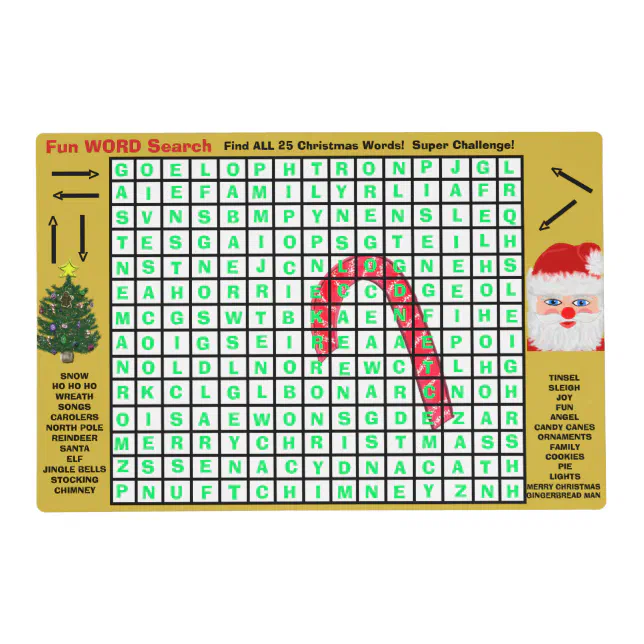 Christmas 25 Word Search Gold Reversible Maze Placemat | Zazzle