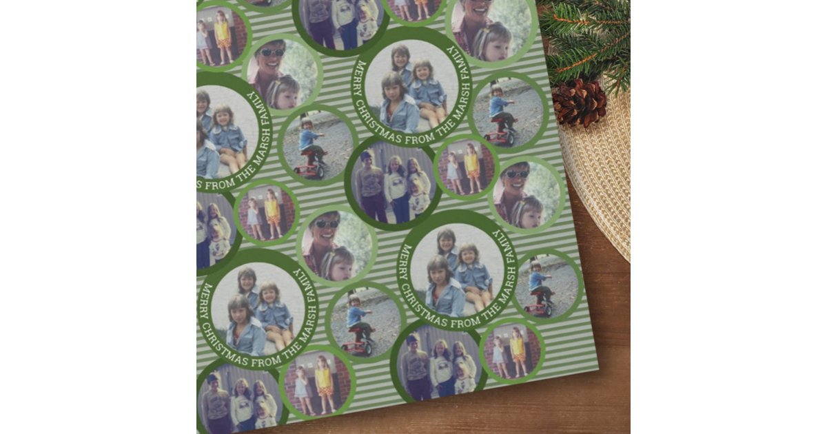 Christmas 5 Photo Circle Border with Green Circles Wrapping Paper | Zazzle