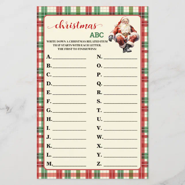 Christmas ABC Red Green Plaid Game Card Flyer | Zazzle