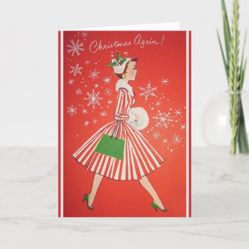 Christmas Again Vintage 1950s Fashion Lady Holiday Card | Zazzle