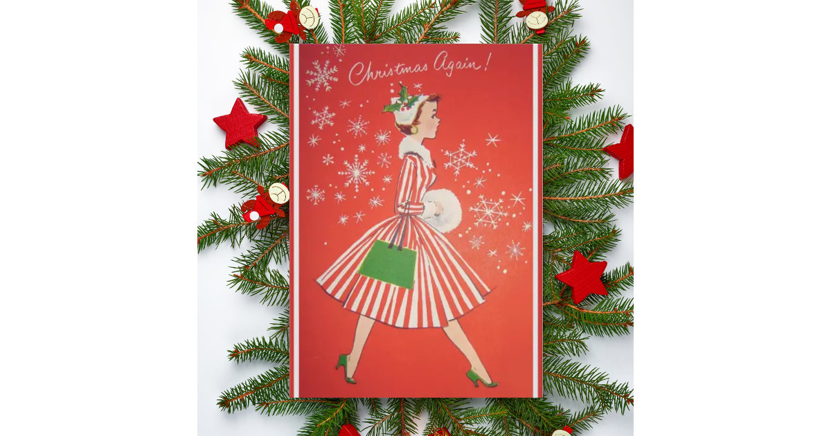 Christmas Again Vintage 1950s Fashion Lady Holiday Card | Zazzle