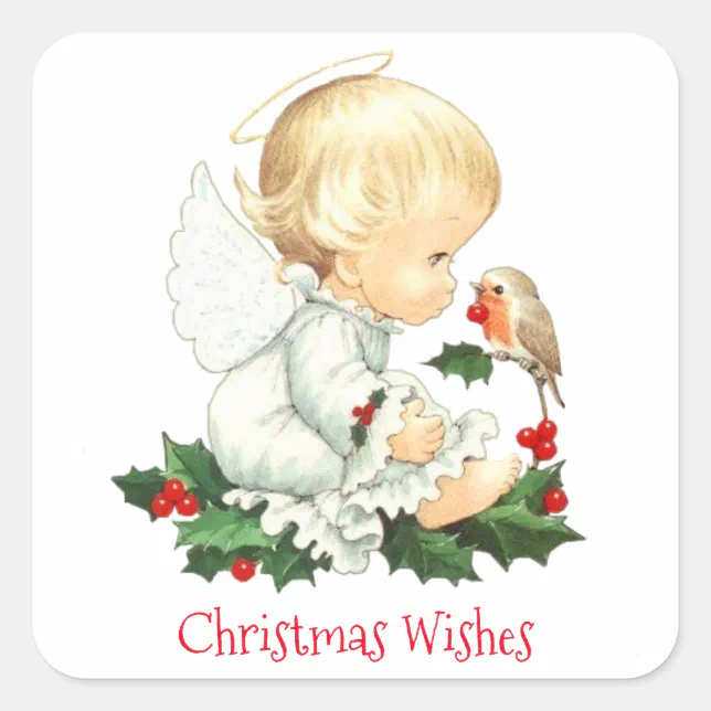 Christmas Angel and Robin Christmas Wishes Square Sticker | Zazzle
