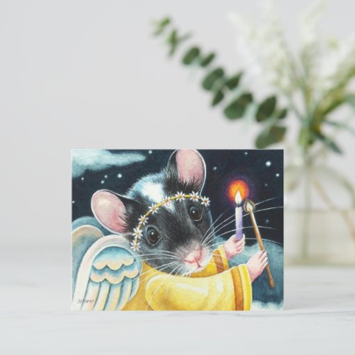 Christmas Angel Mouse and Candle Watercolor Art Postcard | Zazzle