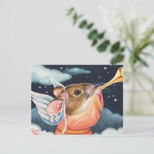 Christmas Angel Mouse and Trumpet Watercolor Art Postcard | Zazzle