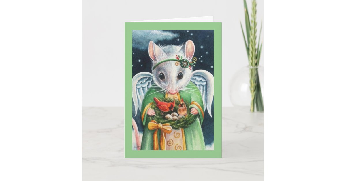 Christmas Angel Mouse & Cardinals Watercolor Art Card | Zazzle