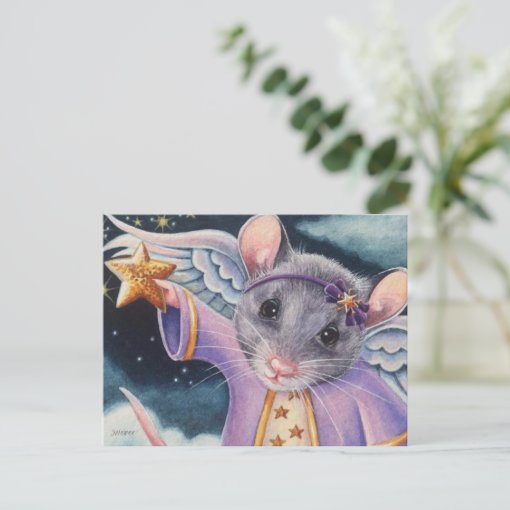 Christmas Angel Mouse Catching Star Watercolor Art Postcard | Zazzle