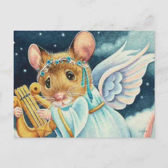 Christmas Angel Mouse Playing Lyre Watercolor Art Postcard | Zazzle