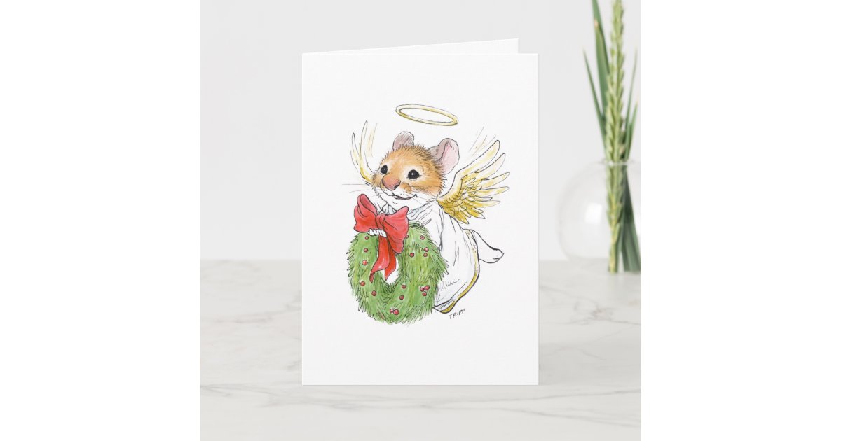 Christmas Angel Mouse with wreath Card | Zazzle
