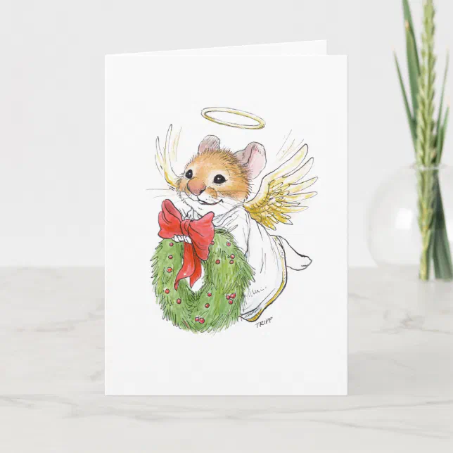 Christmas Angel Mouse with wreath Card | Zazzle
