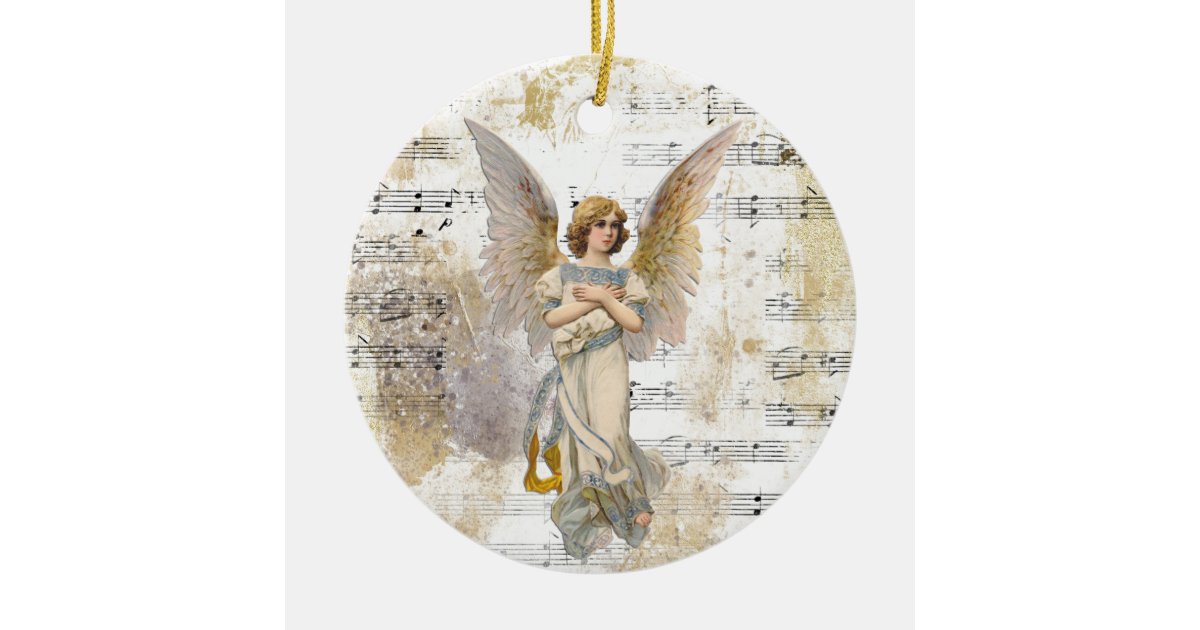 Christmas Angel Wings Music Gold Religious Custom Ceramic Ornament | Zazzle