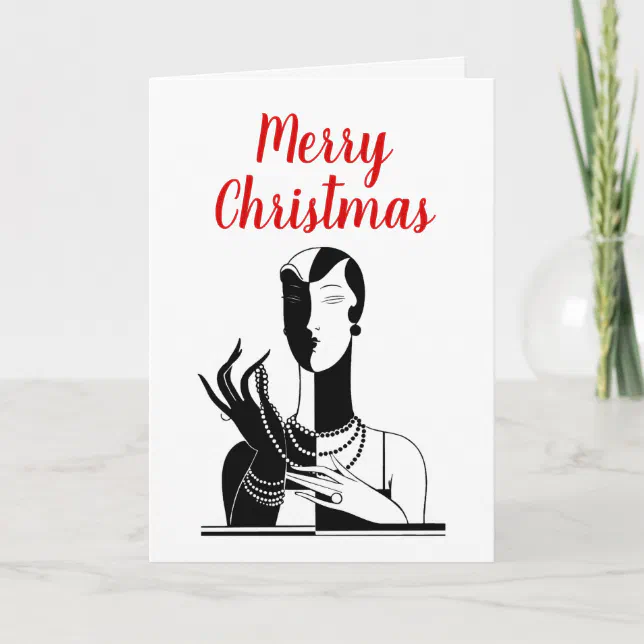 Christmas Art Deco Lady wth Pearls Black Transp Holiday Card | Zazzle