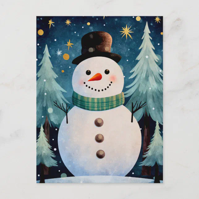 Christmas Art Snowman Snowy Night Message Holiday Postcard | Zazzle