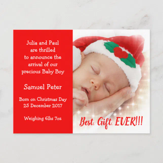 Christmas Baby Birth Announcement Photo Postcard | Zazzle