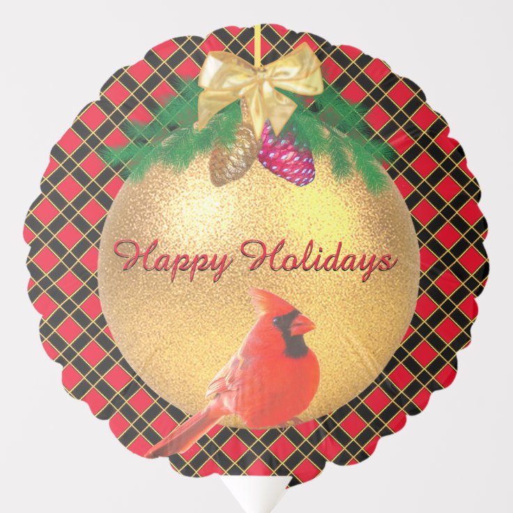 Christmas ball & bird on black & red checkered balloon | Zazzle