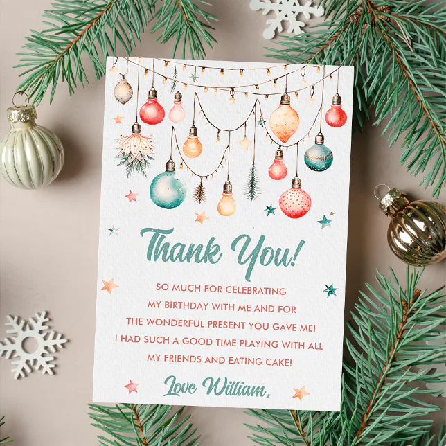 Christmas Ball Birthday Party Thank You Card | Zazzle