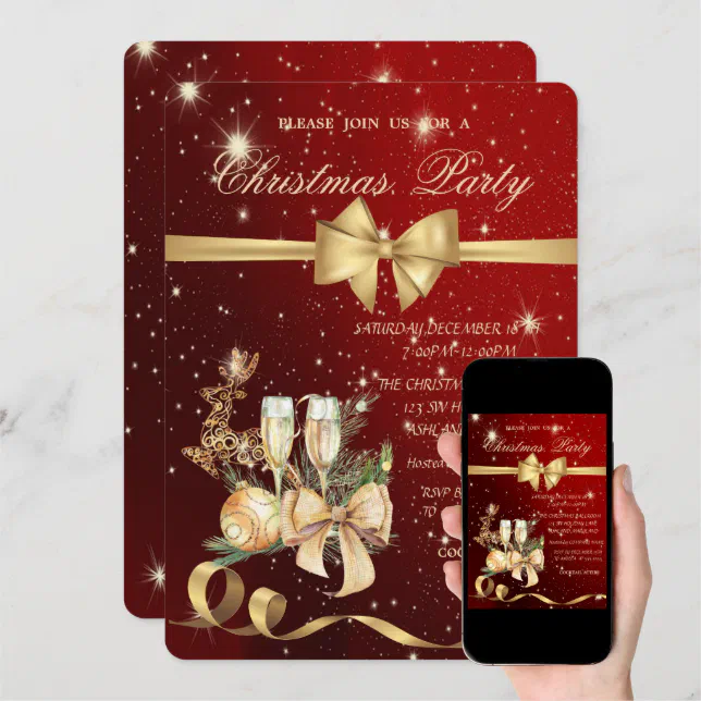 Christmas Ball,Bow,Reindeer Christmas Party Invit Invitation | Zazzle