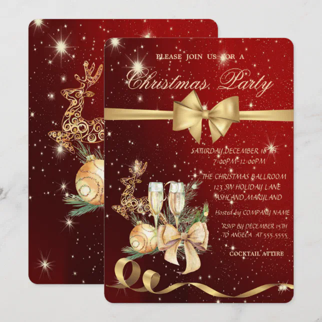 Christmas Ball,Bow,Reindeer Christmas Party Invit Invitation | Zazzle