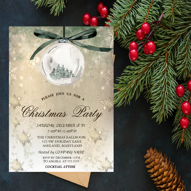 Christmas Ball,Pine Trees,Snowflake Christmas Invitation | Zazzle