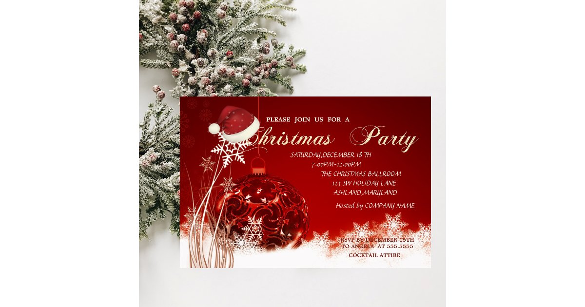 Christmas Ball,Santa Hat, Company Christmas Party Invitation | Zazzle