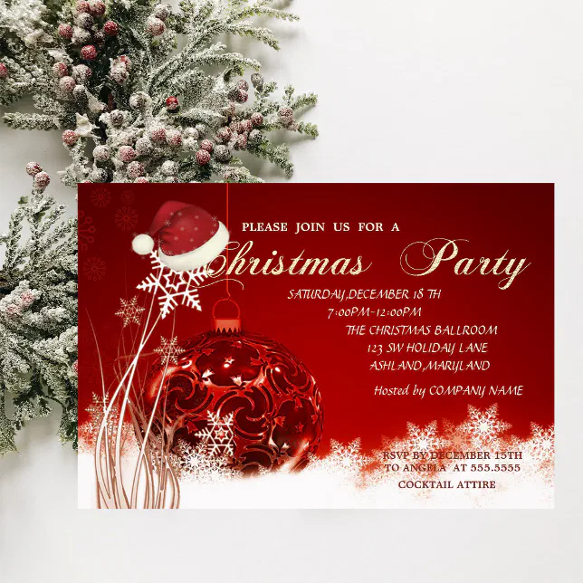 Christmas Ball,Santa Hat, Company Christmas Party Invitation | Zazzle