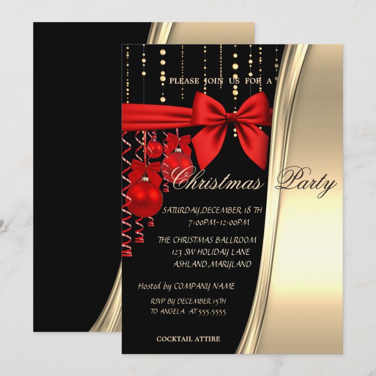 Christmas Balls,Red,Bow ,Gold Corporated Party Invitation | Zazzle