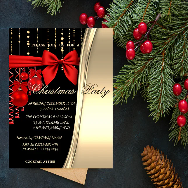 Christmas Balls,Red,Bow ,Gold Corporated Party Invitation | Zazzle