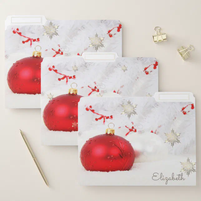 Christmas Balls,Red,Gold Snowflakes- Personalized File Folder | Zazzle