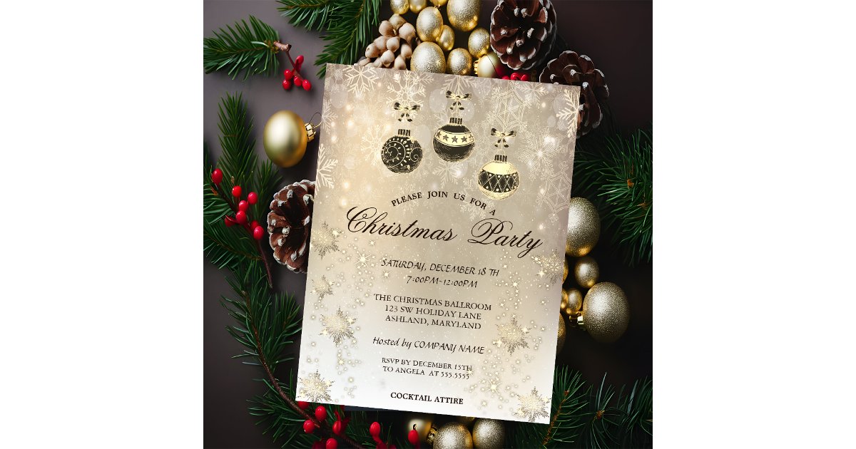 Christmas Balls, Snowflakes Company Party Invitation | Zazzle