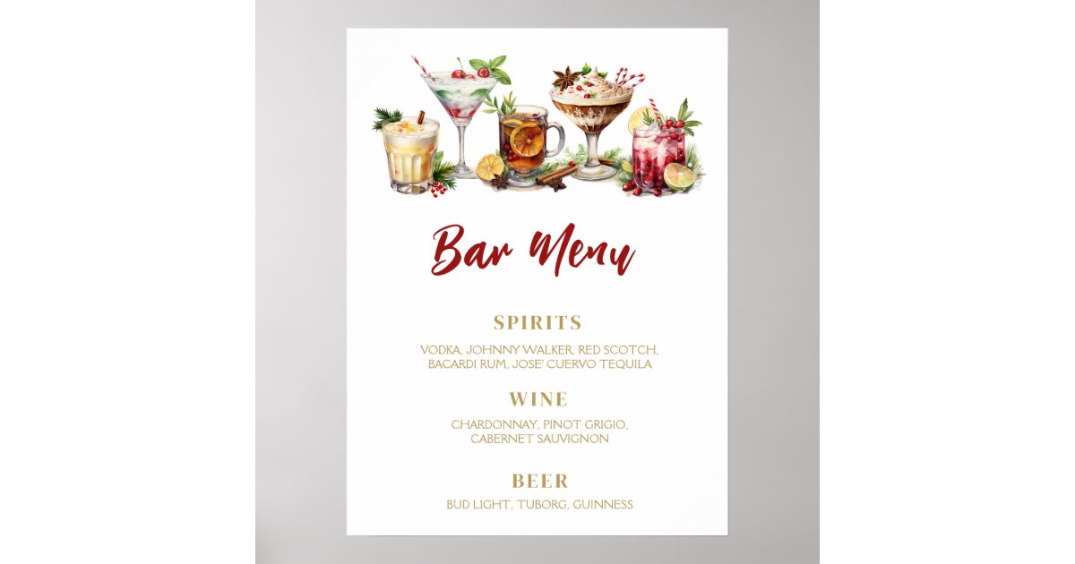 Christmas BAR MENU sign holiday cocktails | Zazzle