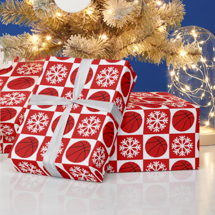 Christmas Basketball Snowflake Red and White Wrapping Paper | Zazzle