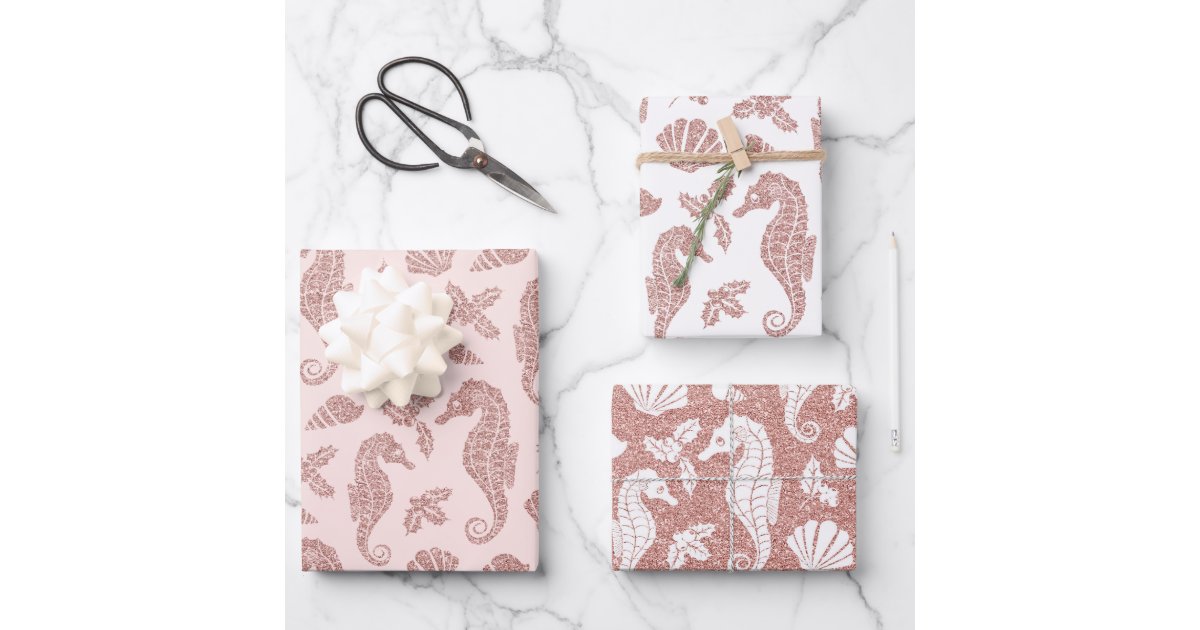 Christmas Beach Rose Gold Glitter Seahorse Pink Wrapping Paper Sheets ...