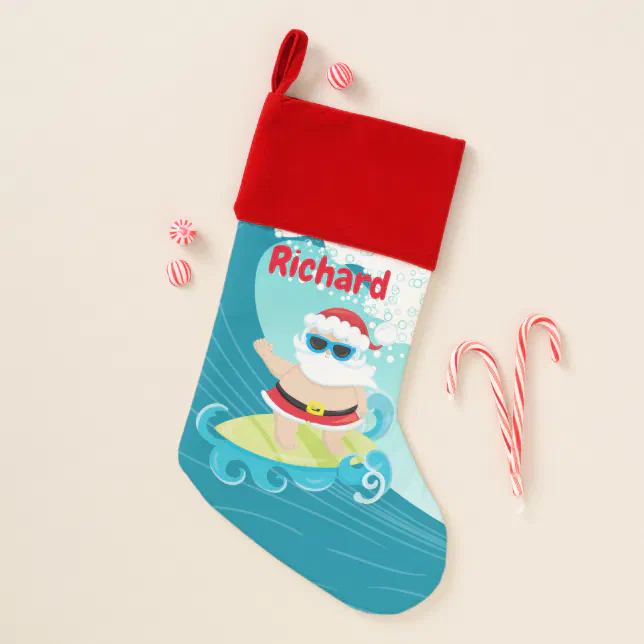 Christmas beach Santa surfing add name stocking | Zazzle