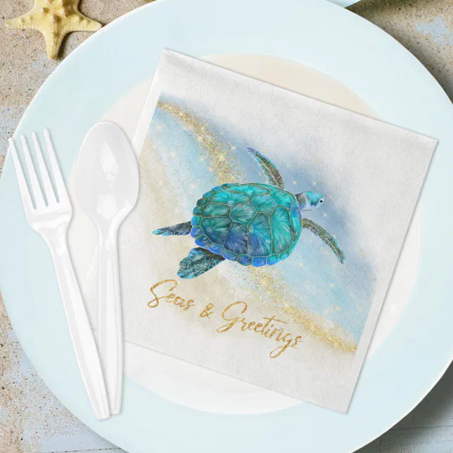 Christmas Beach Sea Turtle Seas and Greetings Napkins | Zazzle